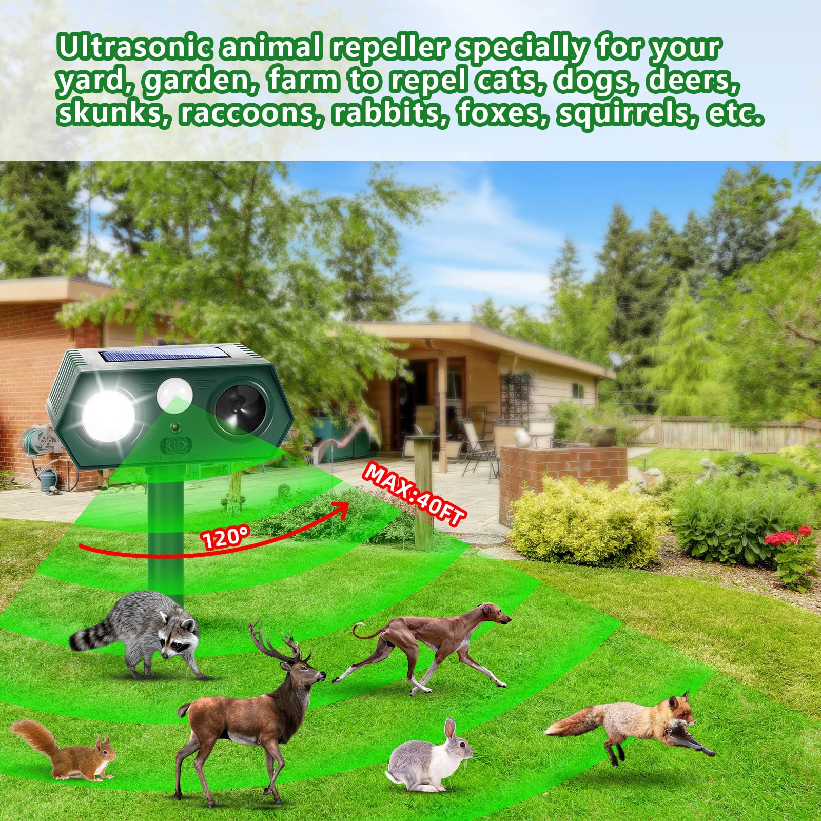2024 Ultrasonic Animal Repellent, 4 Pack Waterproof Solar Cat Deterrent Outdoor with Motion Sensor for Deer Squirrel Cat Dog Skunk Rabbit Raccoon, Deer Repellent Devices, Skunk Repellent for Yard