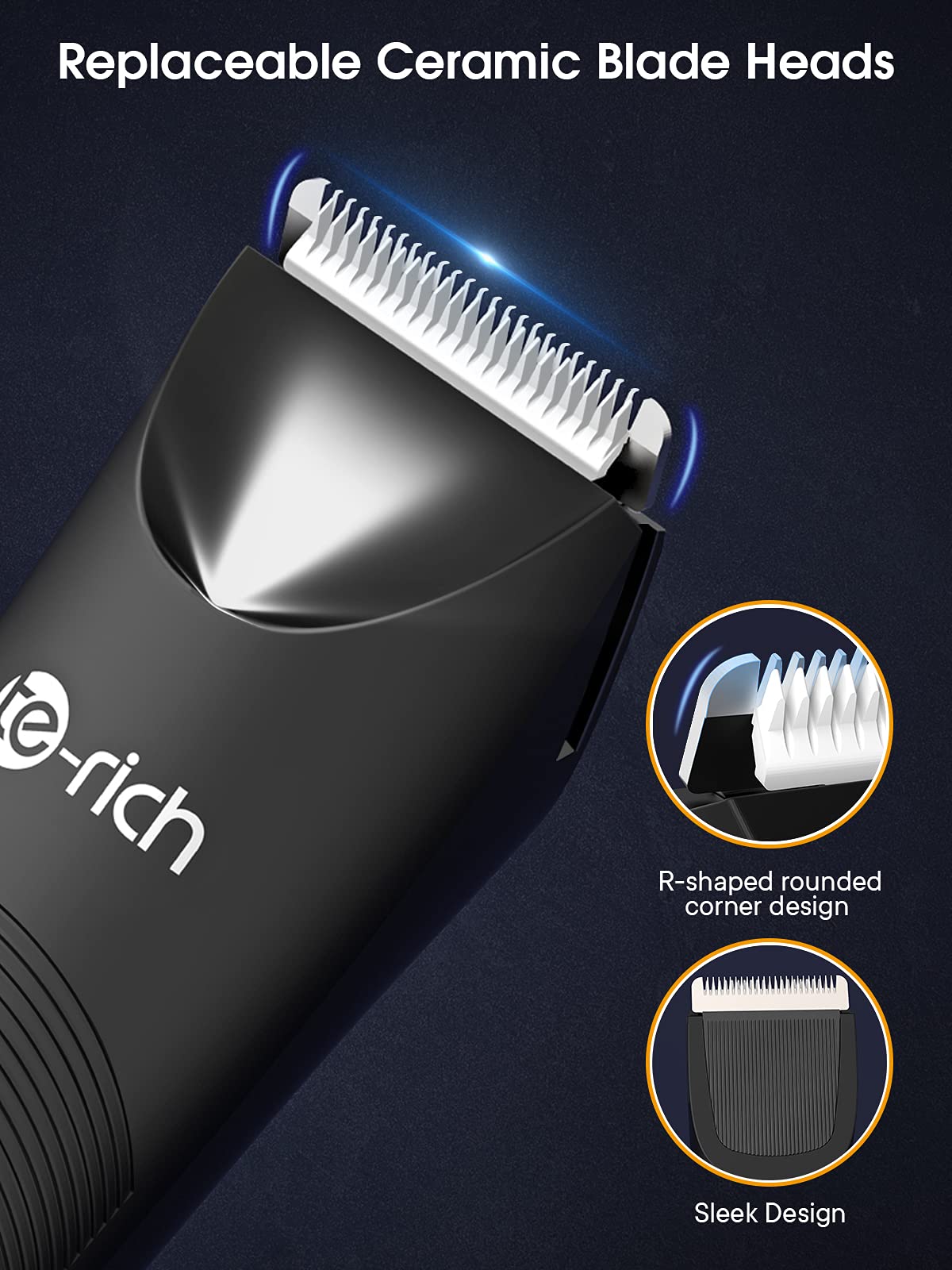 Te-Rich Body Groin Hair Trimmer for Men, Replaceable Ceramic Blade Heads, Waterproof Wet & Dry Clippers, LED Light and Standing Dock, Ultimate Male Hygiene Razor and Electric Body Shavers for Balls