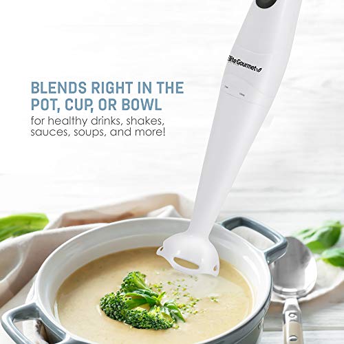 Americana Collection Elite EHB-2425X# Electric Immersion Hand Blender, Mixer, Chopper, 1-Touch Control Soups, Sauces, Baby Food, Removable Blending Stick, 150 Watts, White