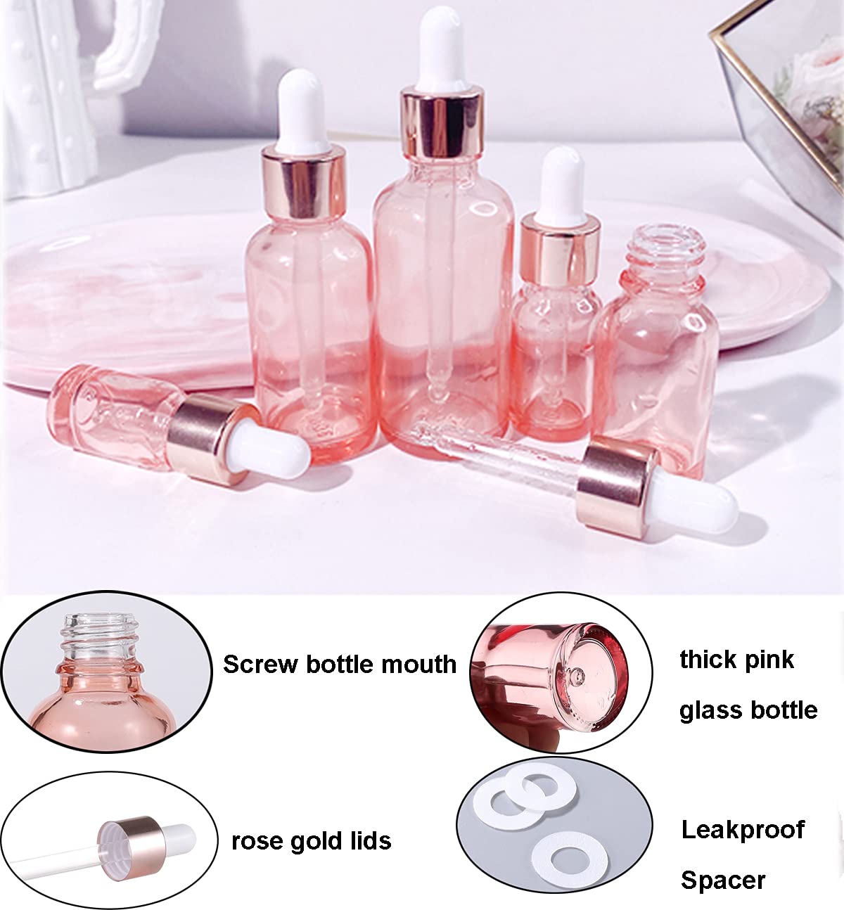 Wresty Pink Glass Dropper Bottles,12 Pack Essential Oil Dropper Bottels Perfume Sample Bottles Cosmetic Container Empty Bottles With Glass Eye Dropper (15ml)