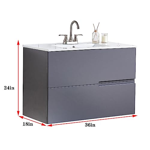 36" Bathroom Vanity with Sink,Wall Mounted Bathroom Vanity Cabinet,Gray Bath Vanity with White Ceramic Sink & Soft-Close Cabinet Door,Modern Floating Bathroom Vanity for any style of bathroom