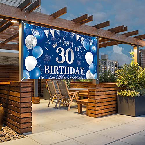 30th Birthday Banner Backdrop,BTZO Happy 30th Birthday Decorations,Blue Silver Fabric Photo Backdrop Background for Men and Women 30th Birthday Party,70.8 x 43.3Inch