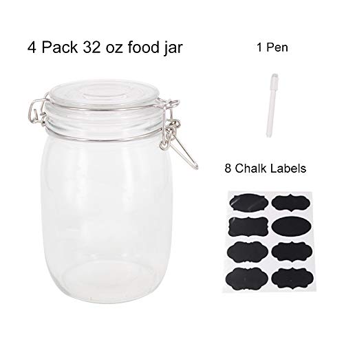 BPFY 4 Pack 32 oz Glass Jars With Airtight Lids And Leak Proof Rubber Gasket, Wide Mouth Mason Jars with Hinged Lids for Food Storage, Cereal, Pasta, Sugar, Beans, Pickle Jars, Kitchen Canisters
