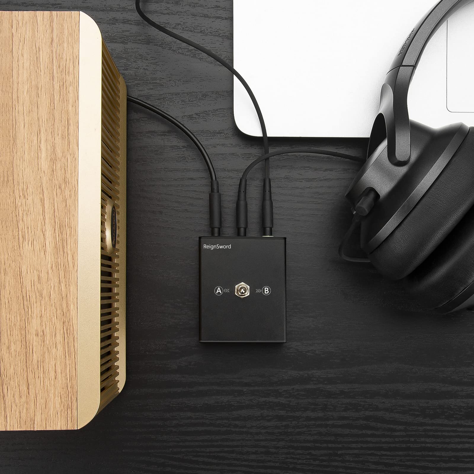3.5 mm Audio Switcher, 2 Ports Audio Splitter Box (2 in 1 Out / 1 in 2 Out) Mini Headphone Manual Selector Converter with Bonus 47.2 in (120 cm) Cable, No External Power Required