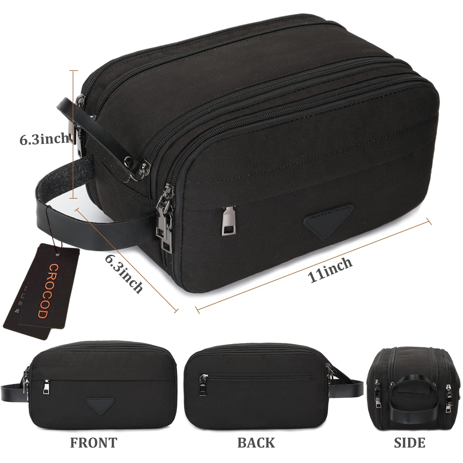 CROCOD Mens Toiletry Bag Travel Leather Toiletry Organizer Dopp Kit for Men Water-resistant Shaving Bag for Bathroom (Black)