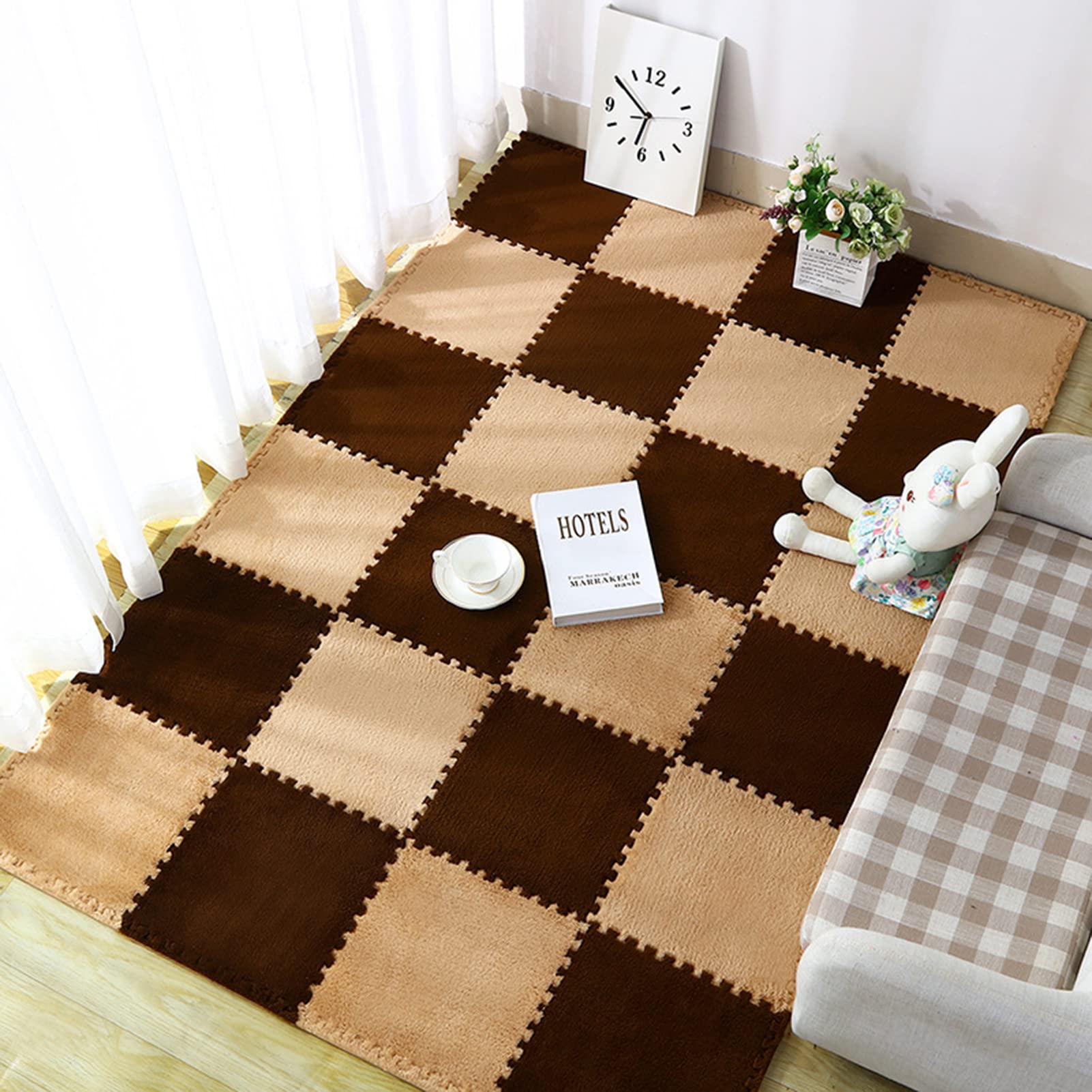 16 Pcs Soft Interlocking Carpet Tiles with Border, Plush Foam Square Floor Mats Set, 11.8 X 11.8 Inch Fluffy Puzzle Area Rugs,1cm Thick(Color:Khaki+Brown)