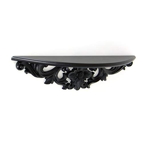 Benjara Hand Carved Wooden Moonbay Wall Shelf in Floral Design, Black