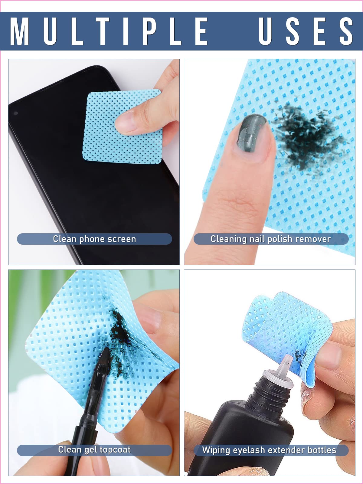 400PCS Lint Free Nail Wipes Glue Wipes Lash Extensions EBANKU Soft Blue Lash Glue Nail Polish Remover Cotton Pads Eyelash Extension Supplies