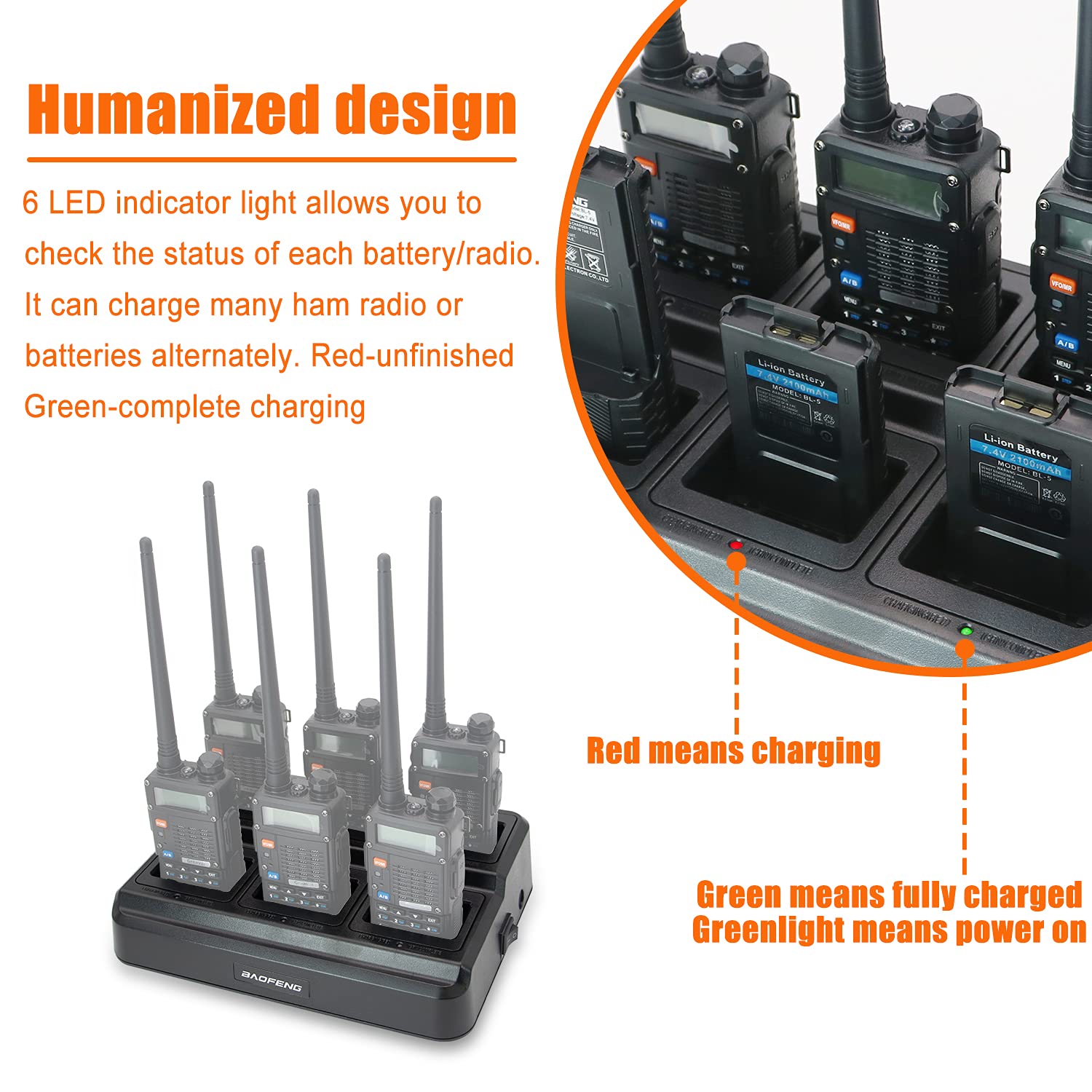 BAOFENG UV-5R Six-Way Charger Multi-Unit Charger Station for BF-F8HP UV-5R UV-5RE UV-5R Retevis RT-5R RT-5RV Mirkit UV-5R MK4 Walkie Talkie and Battery(1Pack)