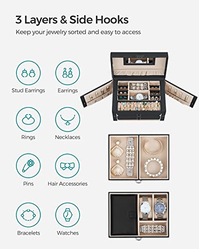 SONGMICS Jewelry Box 3 Layers, Jewelry Organizer with 2 Drawers, Jewelry Case with Portable Travel Case, with Handle, Lockable, Jewelry Storage, Gift for Loved ones, Black UJBC121B