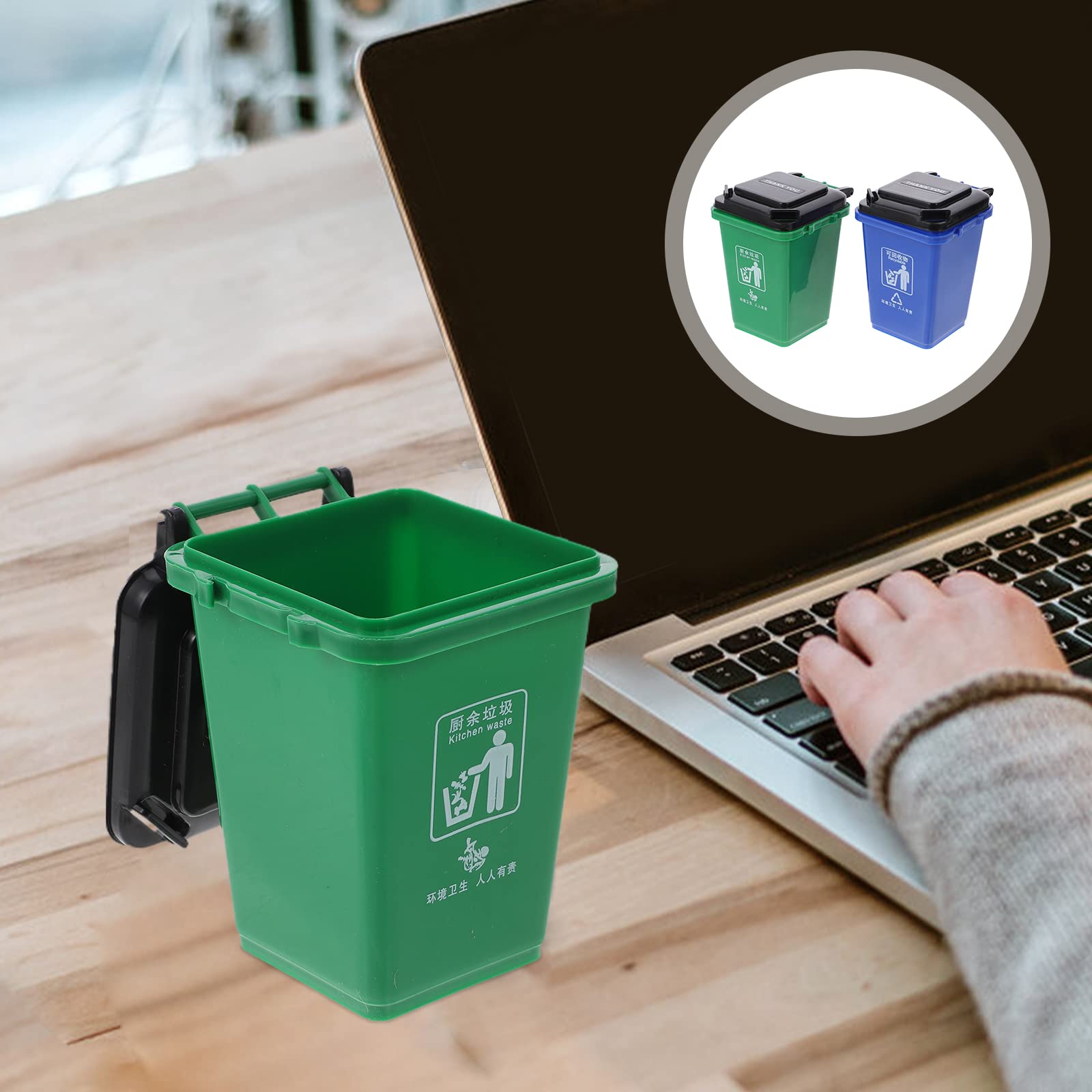 2PCS Mini Curbside Trash and Recycle Can Set/Pencil Cup,Creative Dust Bin Supplies Holder(Blue + Green)