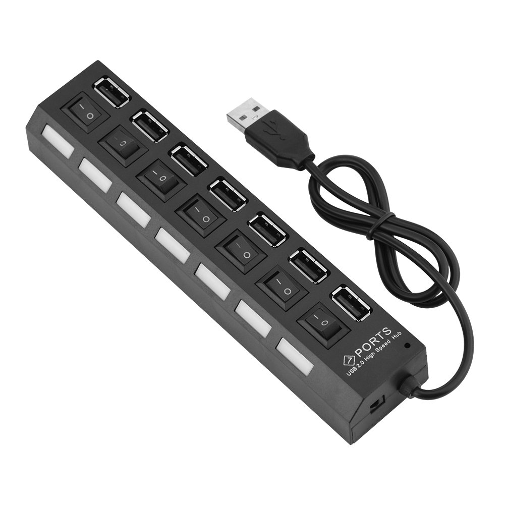 7 Port USB Hub,480Mbps No Conflict Plug & Play USB 2.0 Charger Hub with 7 Independent Switches and Multi-Level for Mobile Phone, Tablet PC, Keyboard, Mouse, Hard Drive, etc