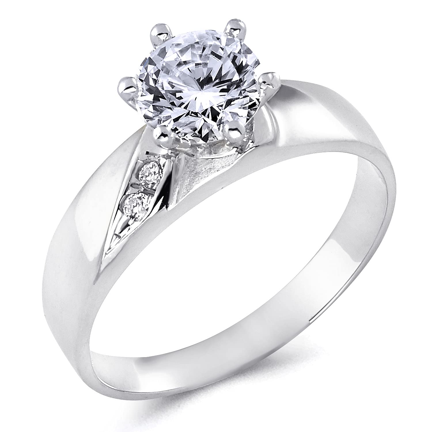 14k White Gold Solid Engagement Ring and Wedding Band 2 Piece Set - Size 7