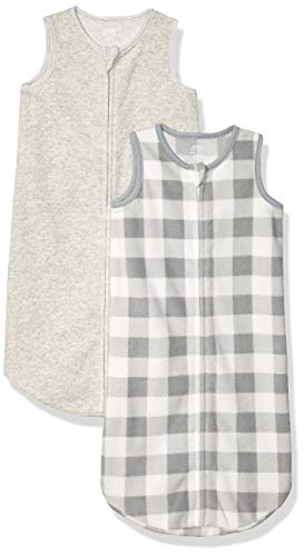Amazon Essentials Unisex Babies' Microfleece Sleep Sack, Pack of 2, Grey/Light Grey Heather, Buffalo Check, 6 Months