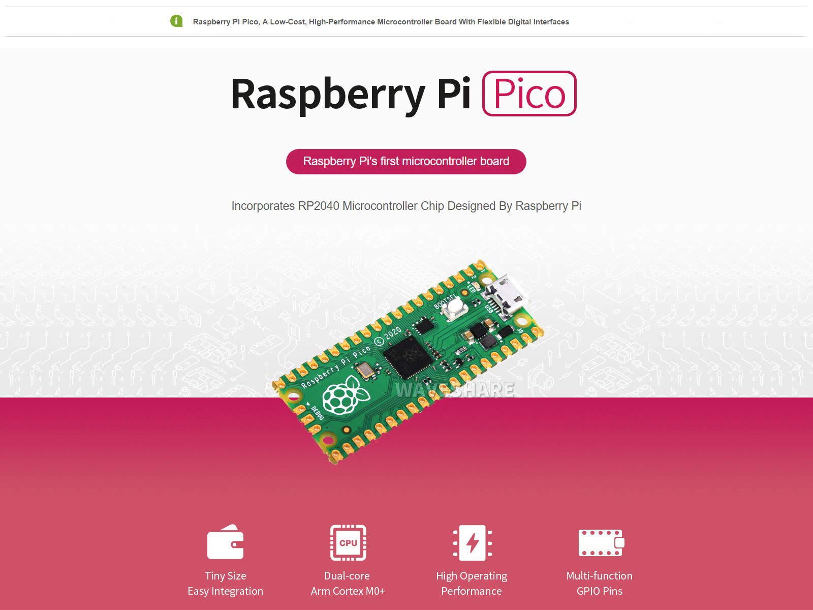 Raspberry Pi Pico Microcontroller Board with Pre-soldered Header Low-Cost, High-Performance,Based on RP2040 Chip, Dual-core Arm Cortex M0+ Processor,Flexible Clock Running up to 133 MHz