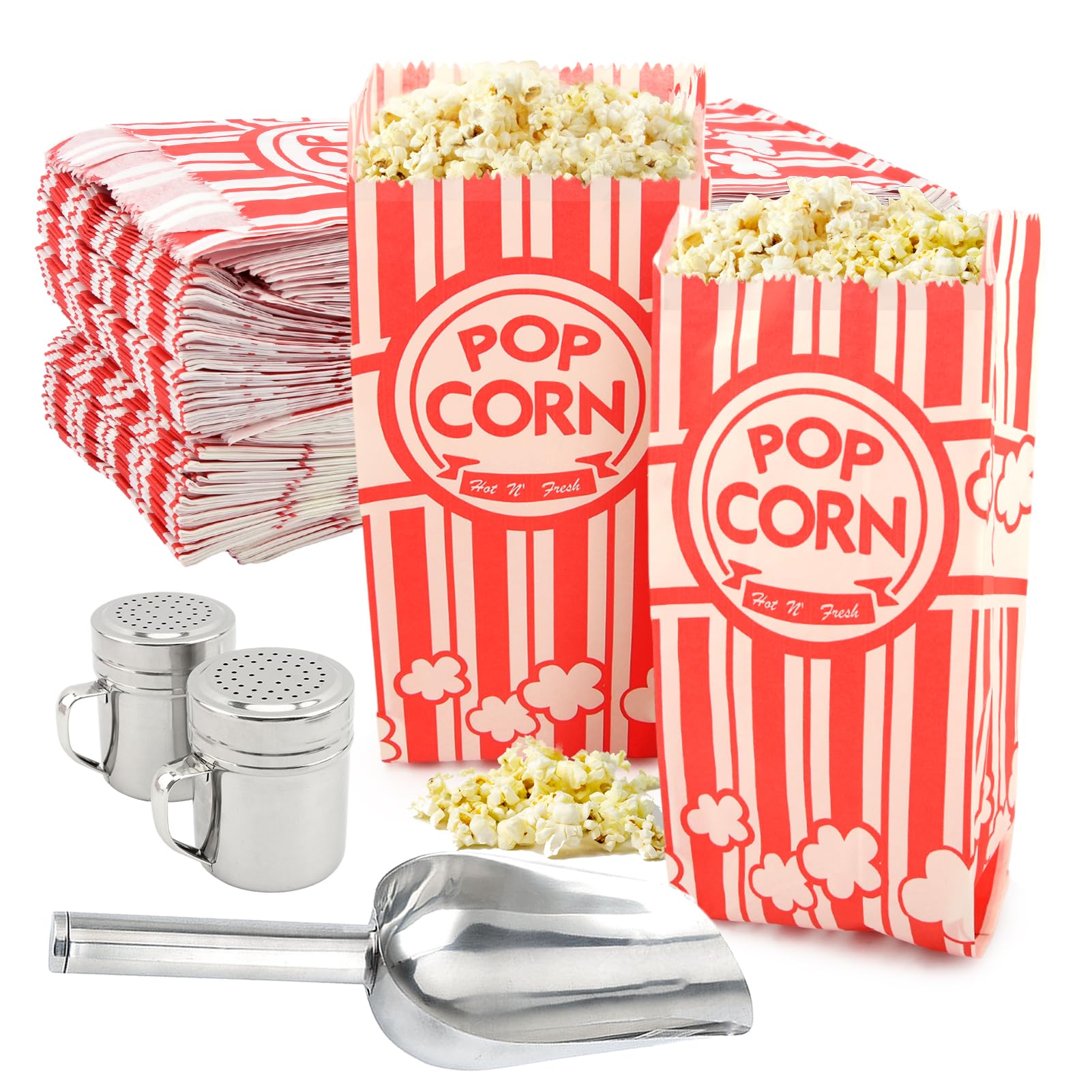 203 PCS Popcorn Machine Supplies Set, 200 PCS Popcorn Paper Bags with Popcorn Scoop, 2PCS Season Salt Shaker, Popcorn Supplies for Popcorn Machine