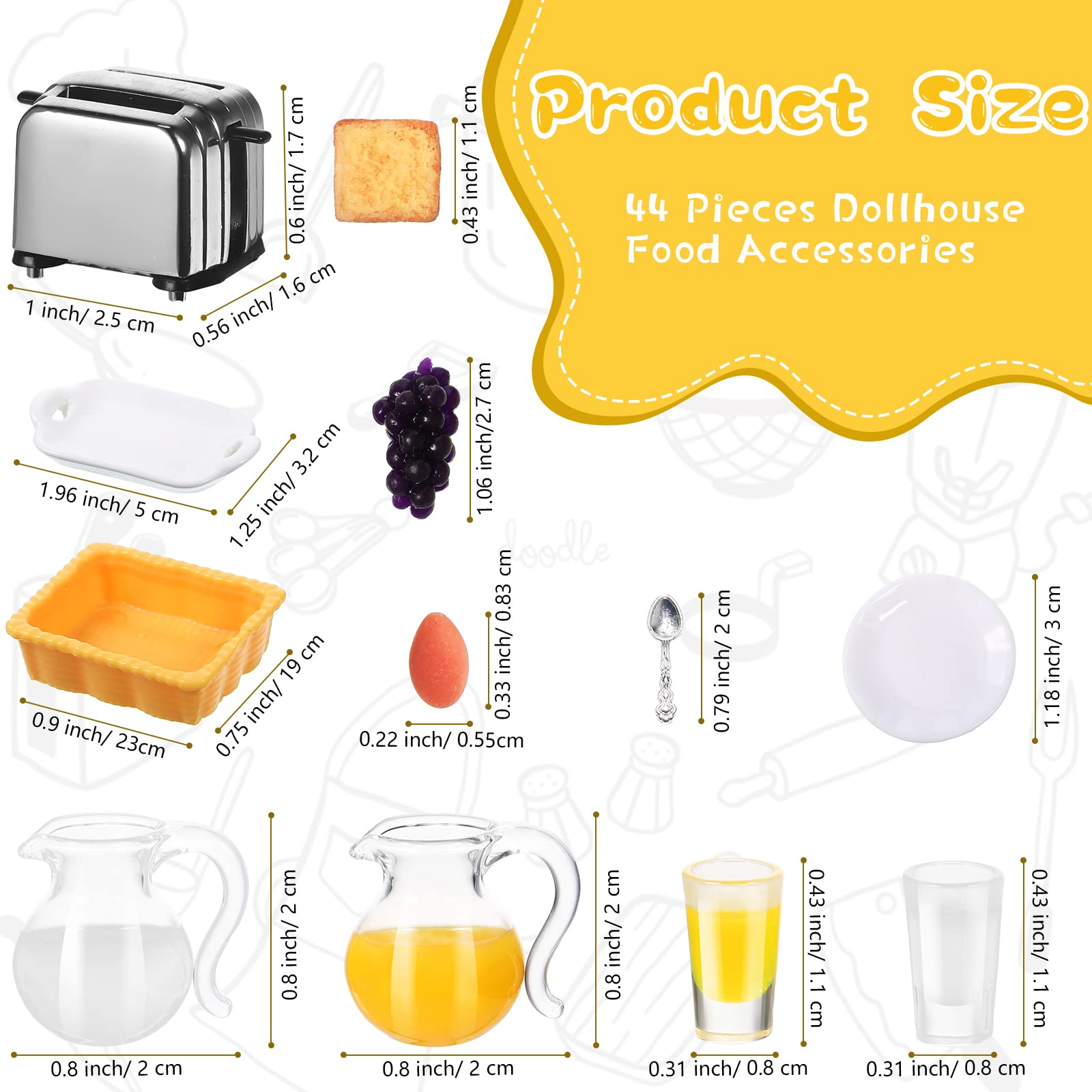 44 Pieces 1:12 Dollhouse Miniature Breakfast Kitchen Accessories Mini Toast Machine Bread Juice Milk Eggs Cups Fruits Plates Knife Fork Spoons for Dollhouse Kitchen Scene and Cake Topper Decor