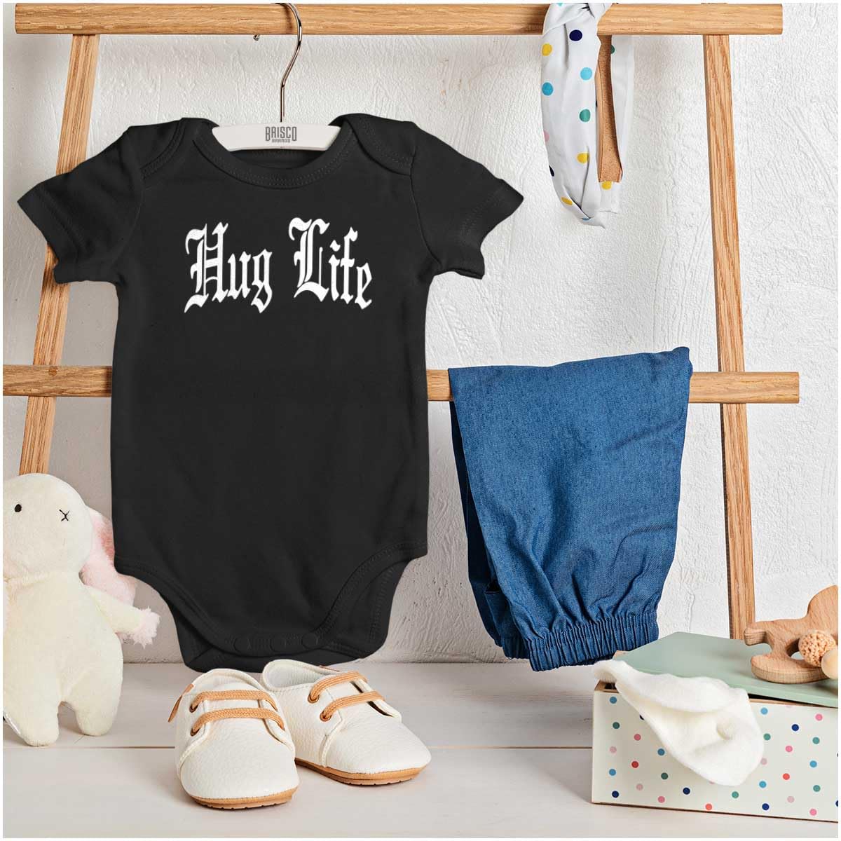 Brisco Brands Hug Life Tattoo Letters Font Funny Baby Romper Boys or Girls