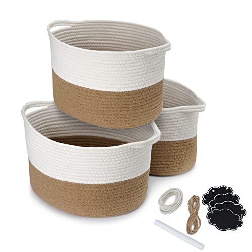 Large Cotton Rope Basket Set of 3, Woven Laundry Basket with Tags, Foldable Storage Baskets for Blanket, Clothes, Toys, Books (White & Jute)