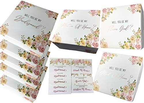 Bridesmaids Proposal Gift Boxes Set of 8 with Rose Gold Foil Letters & Proposal Cards to Ask Bridesmaids, Maid & Matron of Honor & Flower Girl (5 Bridesmaids, 1 MatronH, 1 MaidH, 1 FlowrGrl, 8)