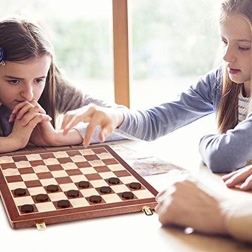AMEROUS 15 Inches Magnetic Wooden Chess & Checkers Set (2 in 1) - Folding Board -Gift Box Packed -24 Cherkers Pieces -2 Extra Queens - Chessmen Storage Slots, Beginner Chess Set for Kids and Adults