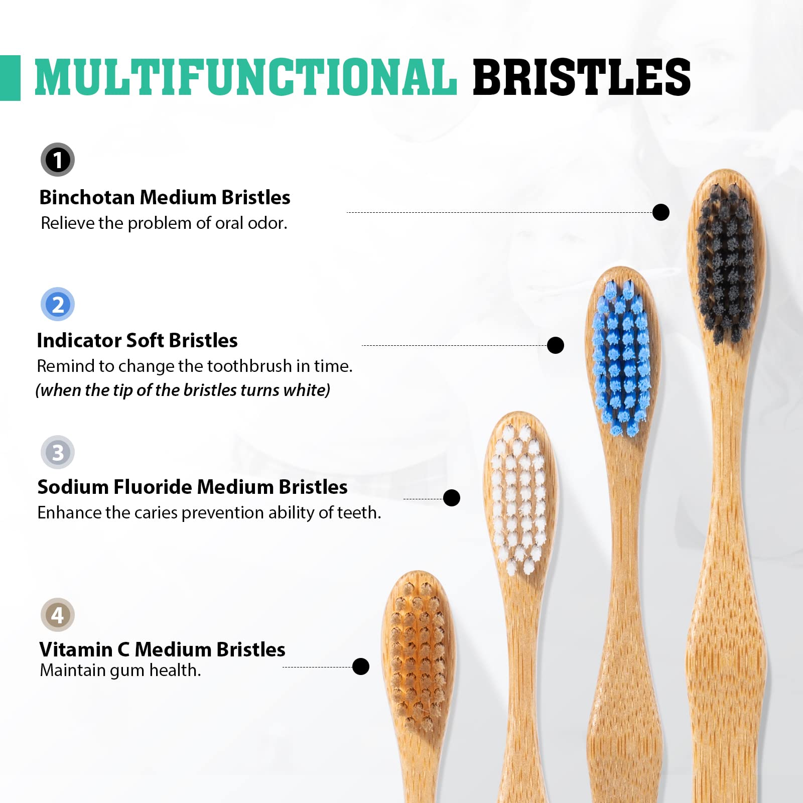 ponpace Biodegradable Bamboo Toothbrushes 4 Pack, BPA Free Soft & Medium Bristles Toothbrushes for Adults, Eco Friendly Wooden Toothbrush