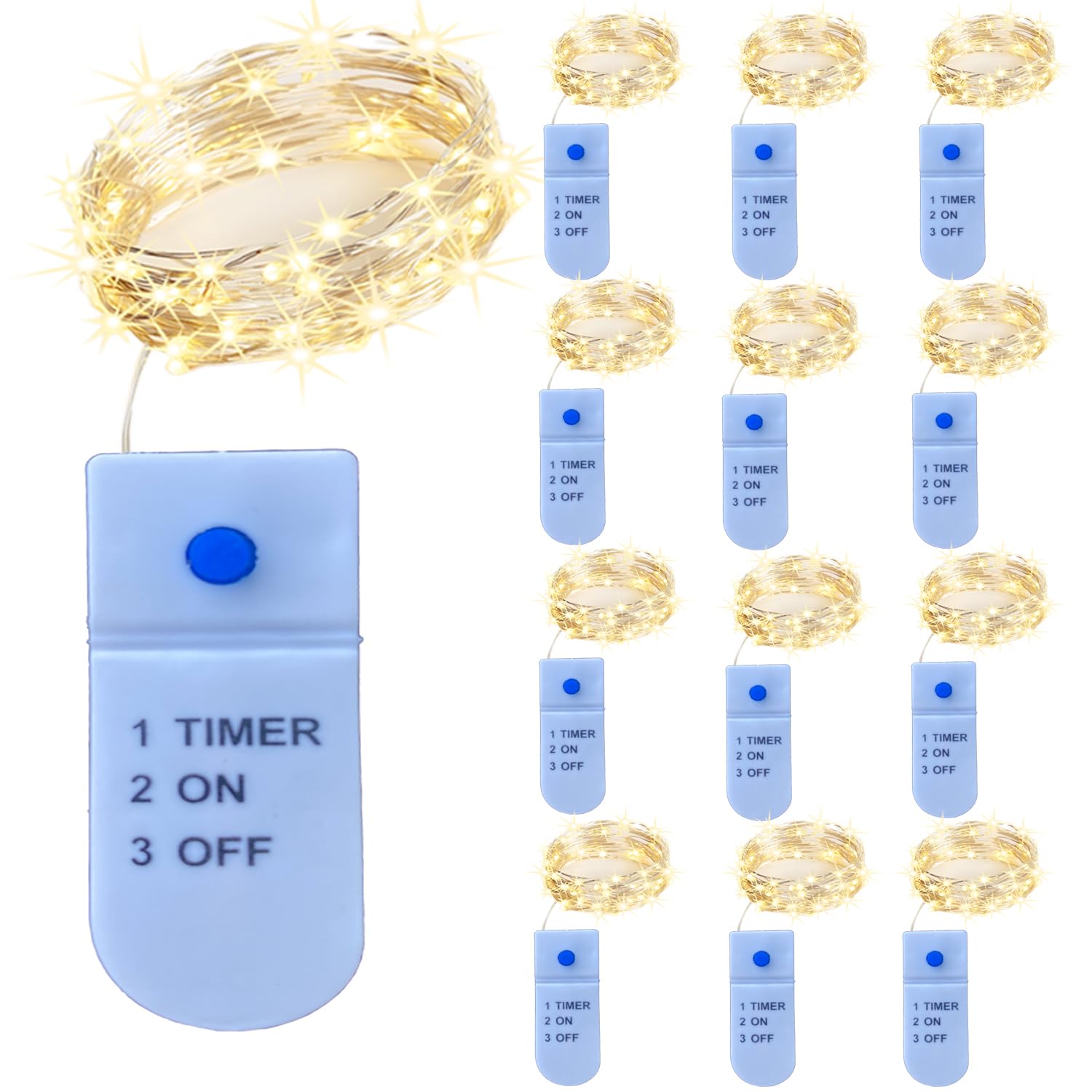 12 Pack Fairy Lights with Timer Battery Operated String Lights - 3.3ft 20 LED,Silver Wire Warm White Mini Lights for Wedding,Party Centerpieces,Table Decor,DIY Crafts,Festivals,Mason Jars Décor