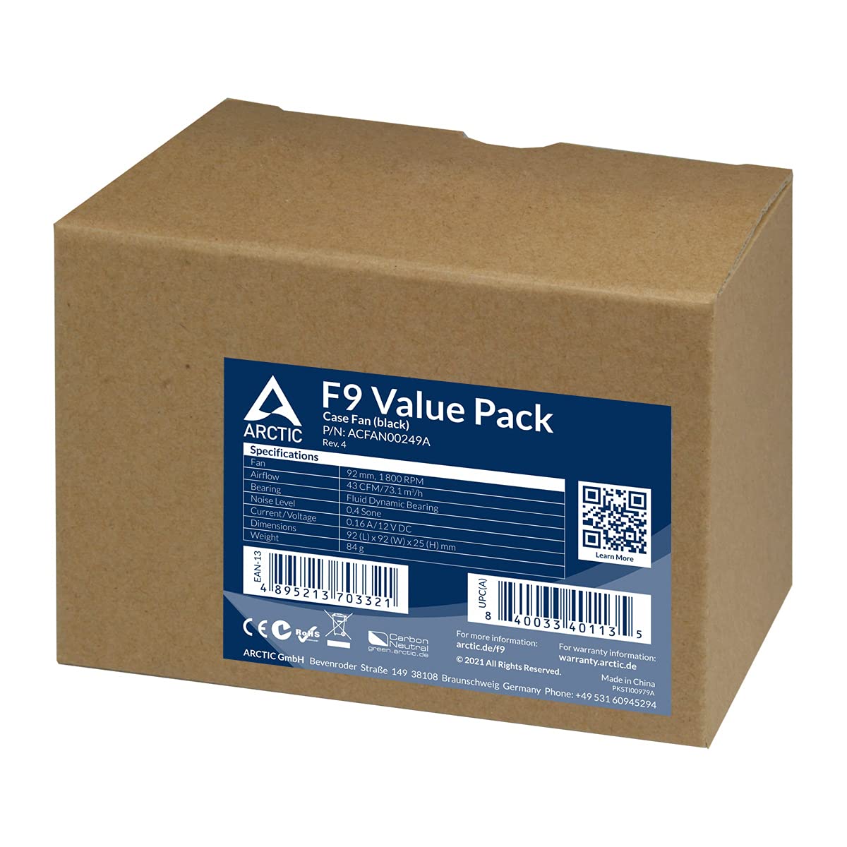 ARCTIC F9 (5 Pack) - 92 mm Standard Case Fan, Quiet Motor, Computer, Push- or Pull Configuration, Fan Speed: 1800 RPM - Black