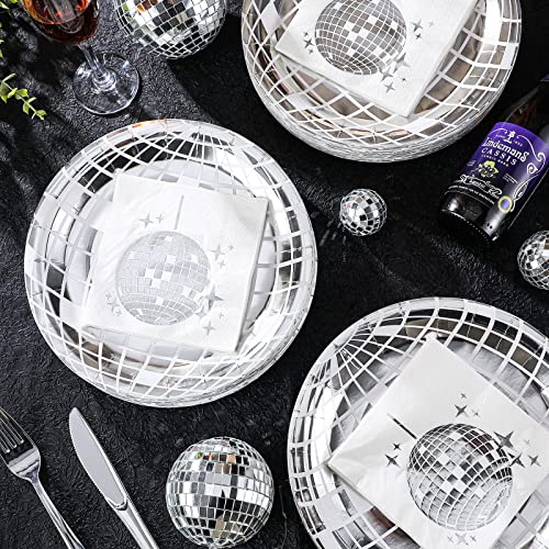 200 Pcs 70s Disco Party Supplies Includes Disco Ball Paper Plates and Disco Cocktail Napkins Silver Disco Paper Plates Disco Napkins for 80s 90s Disco Bachelorette Birthday Party Picnic (White)
