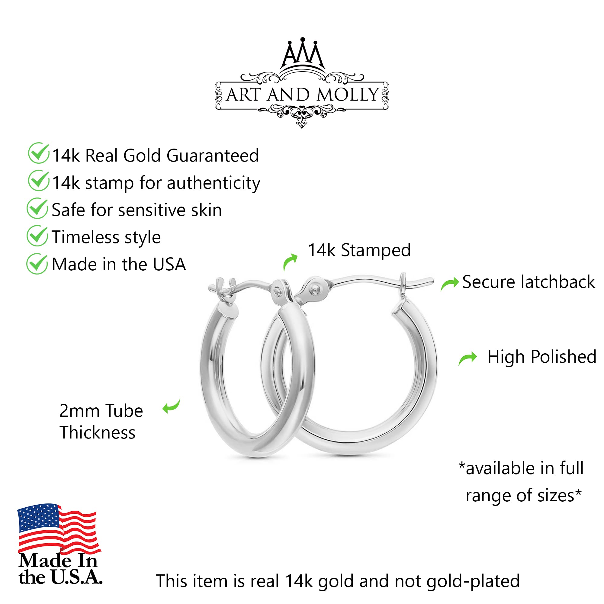 14k White Gold Polished Real Gold Hoop Earrings, Plain Round Gold Hoops, 14 Karat Real Gold 13mm (0.5 inch)