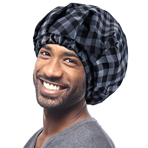 Large Waterproof Shower Cap for Men - Kenllas Reusable Adjustable Bath Cap for Dreadlock Braids Curly Hair (Gray)