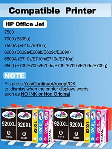 920XL Ink Cartridges of KINGWAY, Replacement for hp 920xl Ink cartridges Combo Pack to Work with Officejet 6500a 6500 6000 7500 7500a 7000 Printer (4 Black,2 Cyan,2 Magenta,2 Yellow,10-Pack)