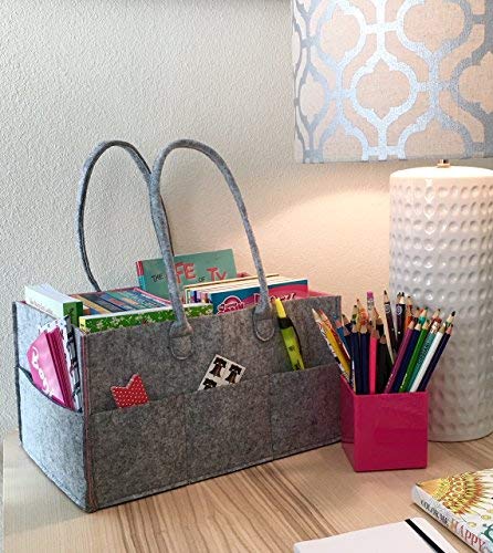 Baby Diaper Caddy | 13X9X7 | Nursery Storage and Car Organizer for Diapers and Wipes | Grey with Pink Removable Dividers