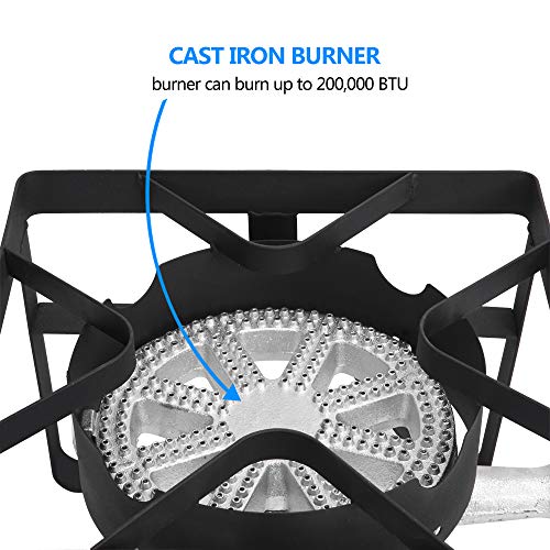 200, 000 BTU Square Heavy- Duty Single Burner Outdoor Stove Propane Gas Cooker Portable Cast Iron Patio Cooking Burner with Adjustable 0-20Psi Regulator for Home Brewing, Turkey Fry