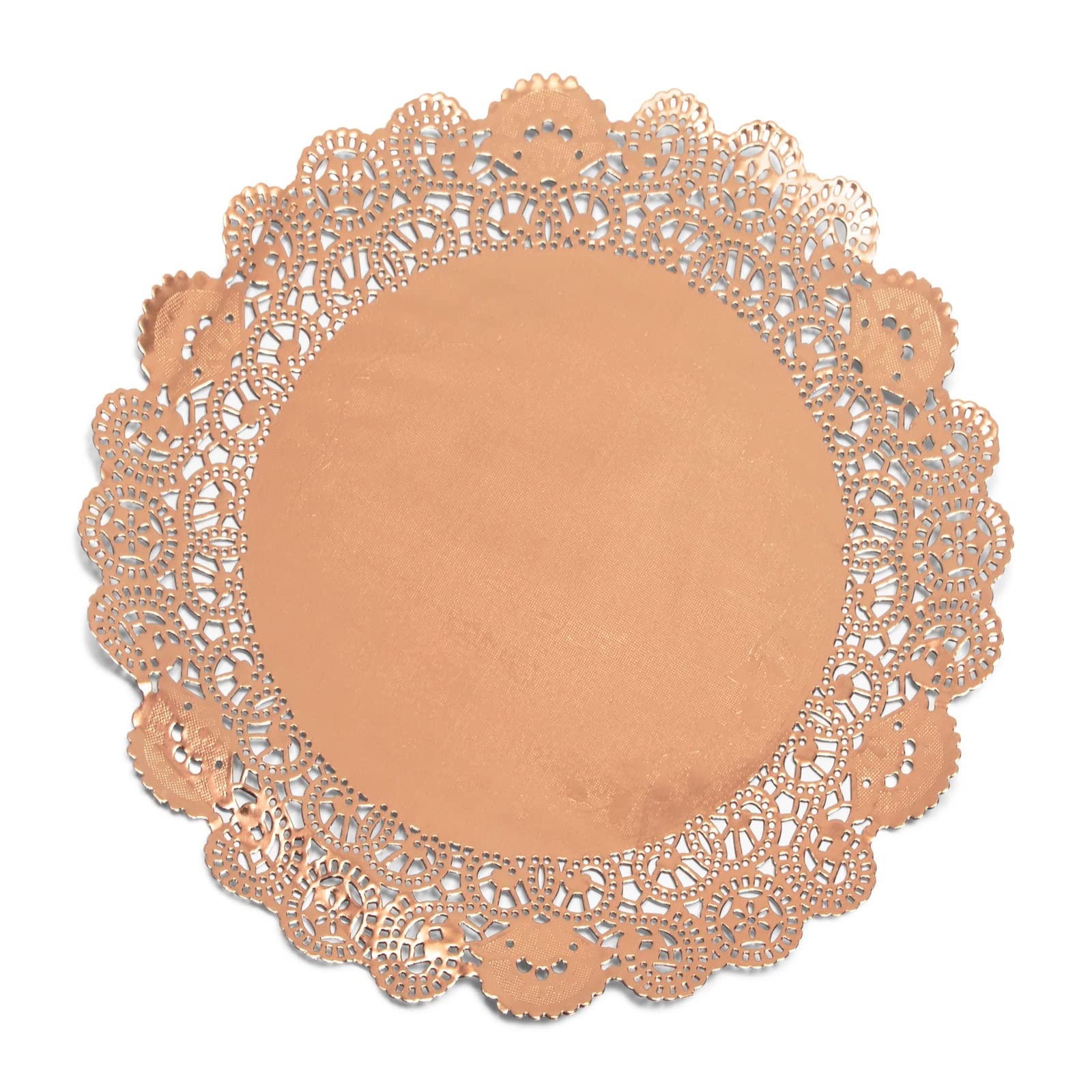 100 Pack Round Lace Paper Doilies, 12 Inch Rose Gold Placemats for Desserts, Cakes, Pastries, Table Decorations