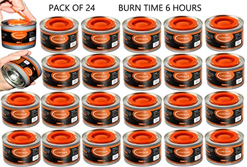 24 pc 6 Hour Liquid Cooking Chafing Dish Fuel Cans, Food Warmer Heat for Buffet Burners, Parties, Weddings, Banquets, Catering Events, Bulk, Easy to Open, Resealable Covers