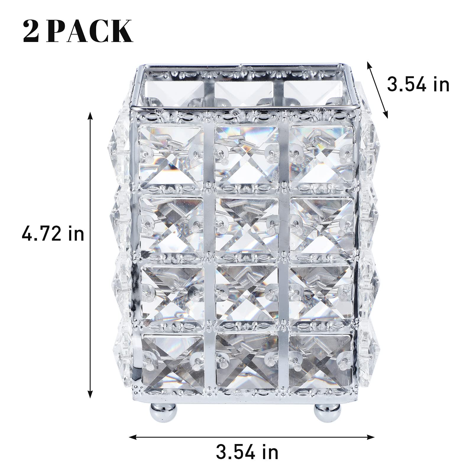 2 Packs Crystal Makeup Brush Holder Organizer Cosmetics Brushes Storage Cup Handcrafted Pen Pencil Holder Container, Square (Silver)