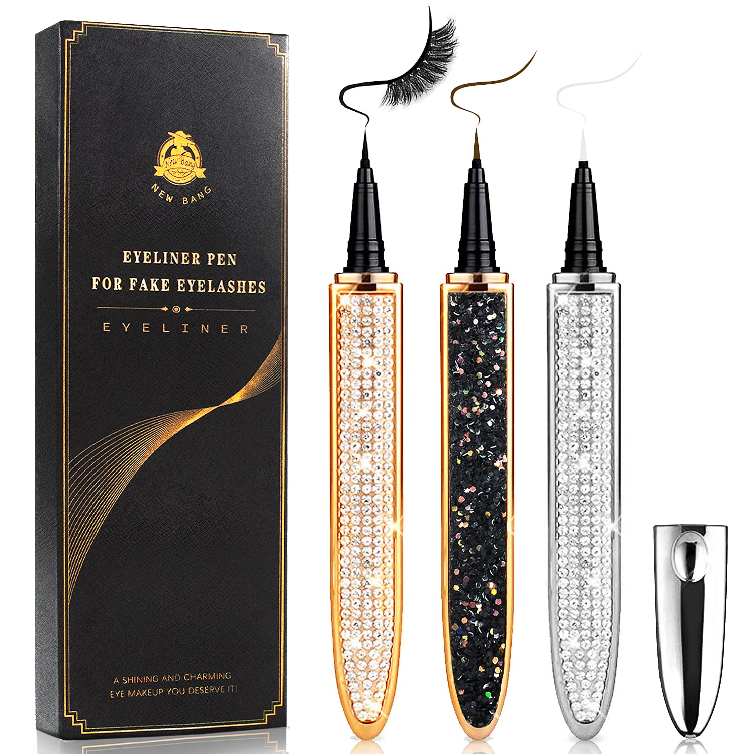 NewBang 3 Pcs Liquid Eyeliner Pen, Upgraded Self-adhesive Long-Lasting Waterproof Eyelash Glue Pen, Non Magnetic, No Blooming Quick Drying Eye Liner for Wear Normal False Eyelashes(Black , Brown