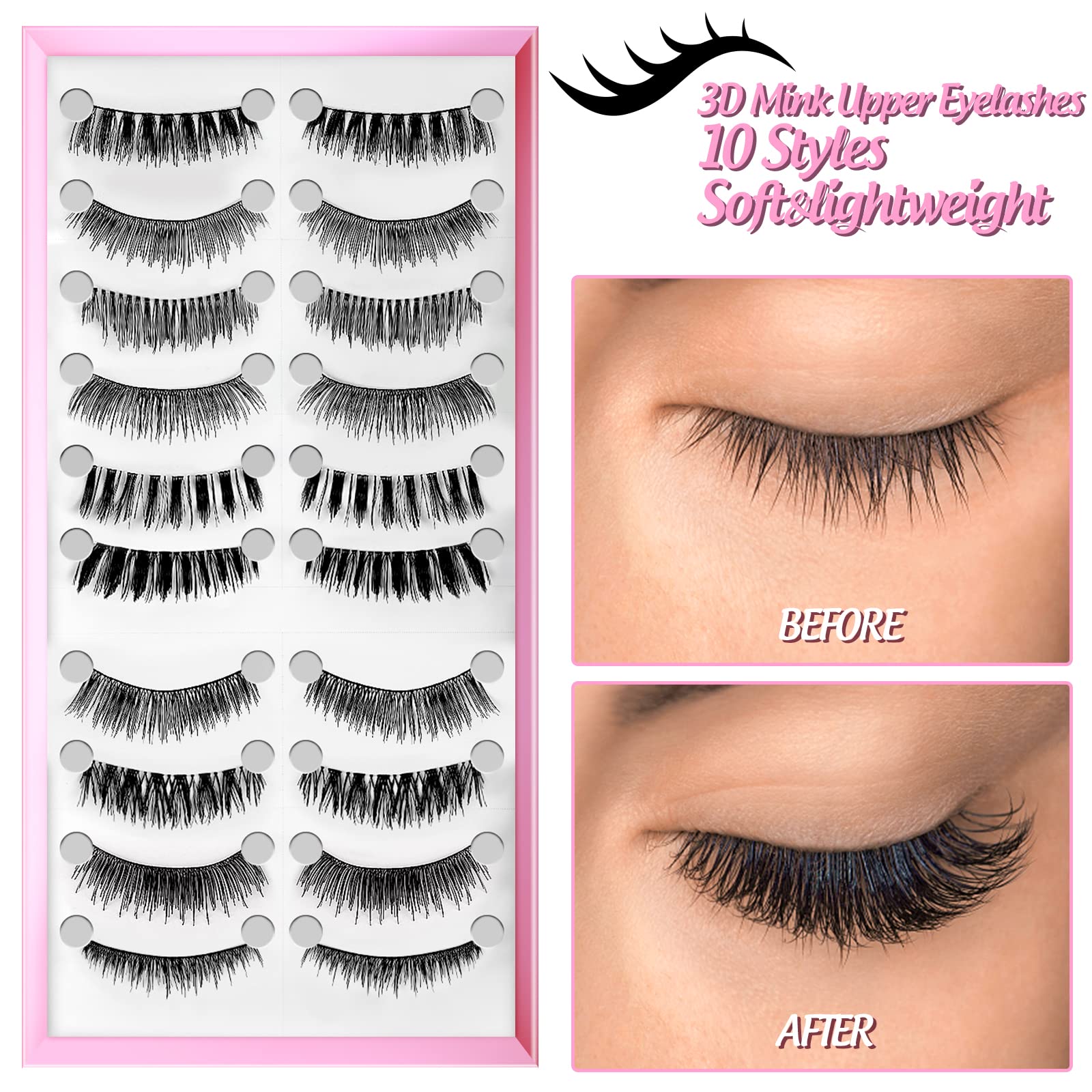 20 Pairs False Eyelashes, Top and Bottom Lashes Set, Wispy Mink Lashes Lower Lashes, Faux Mink Anime Lashes Reusable Lashes for Cosplay with Eyelash Applicator