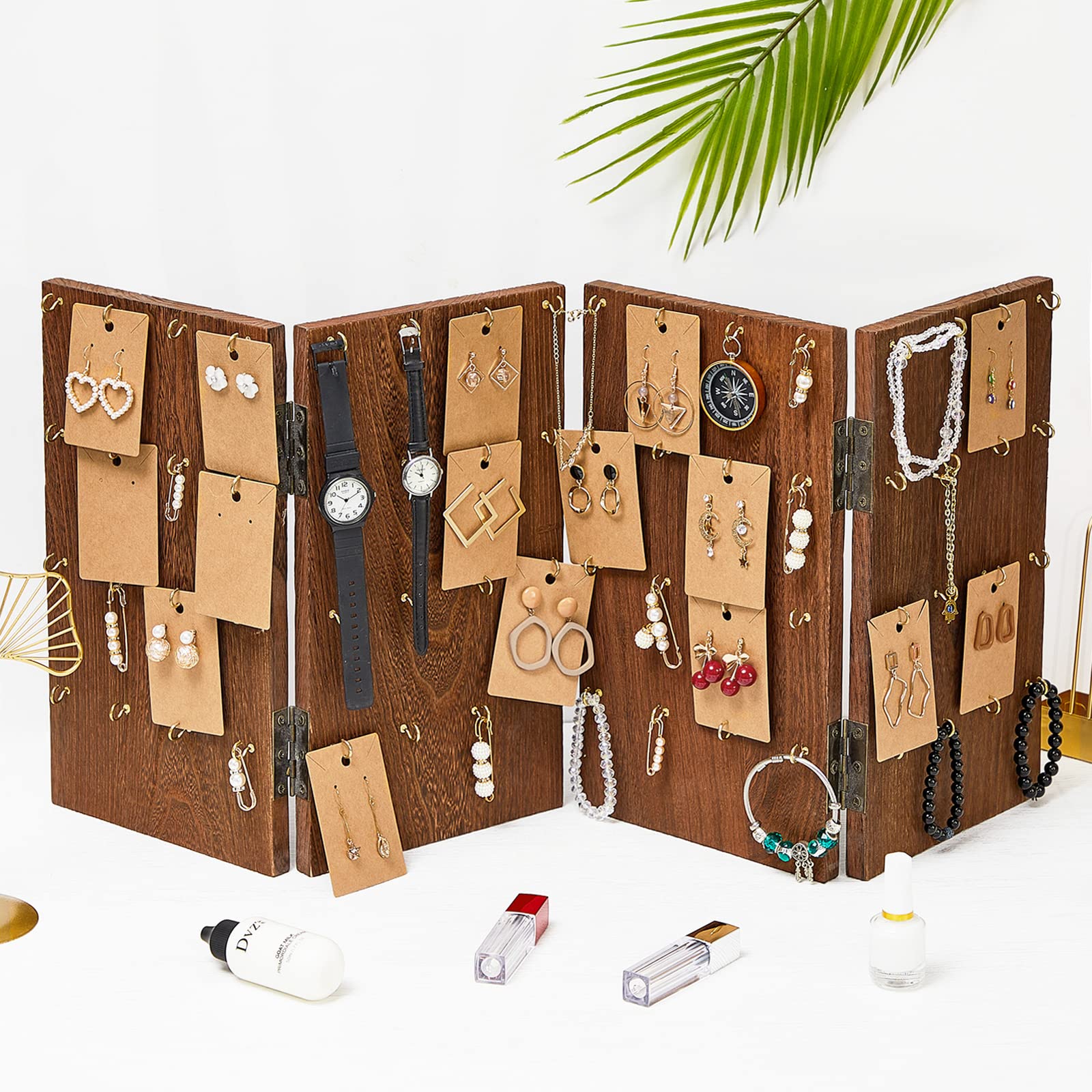 101 Pcs Foldable Wooden Jewelry Display Stand 64 Hooks Earring Display Rack for Selling Earring Display Cards 4 Panel Wood Jewelry Display Bracelet Organizer with Earring Cards for Business Home Using