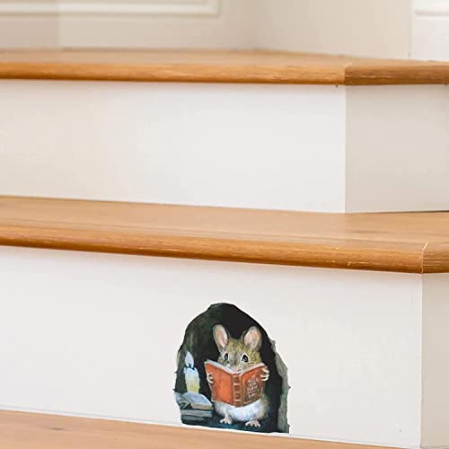 3Pcs 3D Realistic Mouse Wall Stickers, Mouse Reading Book Wall Decals Wall Decor, Removable Wall Art Murals for Living Room Nursery Bedroom Kids Room Home Wall Decorations