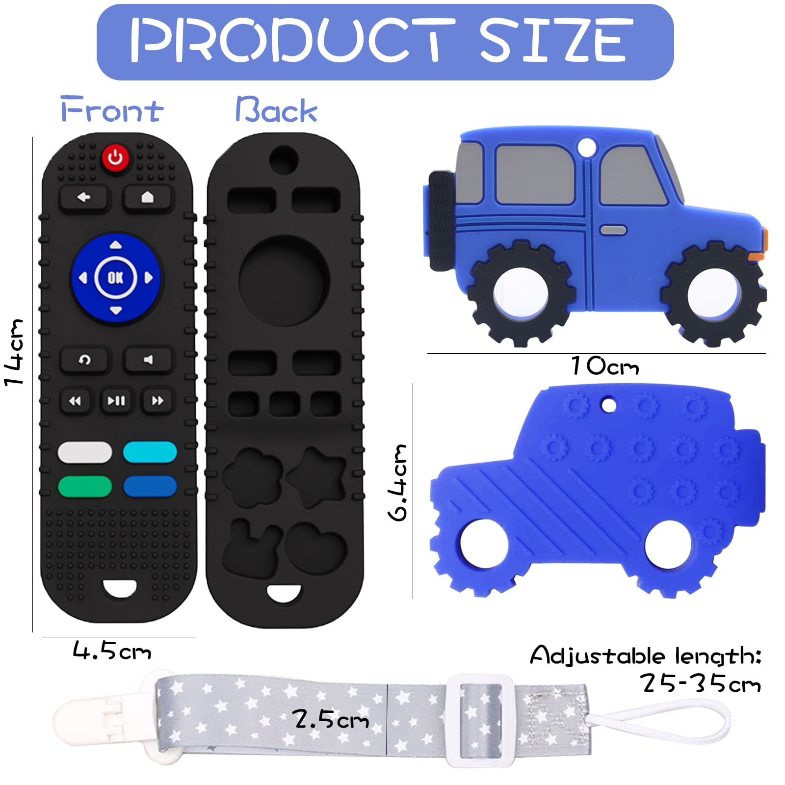 2 Pack Baby Teething Toys Remote Shape Teether Toy Soft Silicone Baby Chew Toy for Babies Soft-Textured Teether, Baby Chew Toys Sensory Toys (1 Rmote, 1 Car)