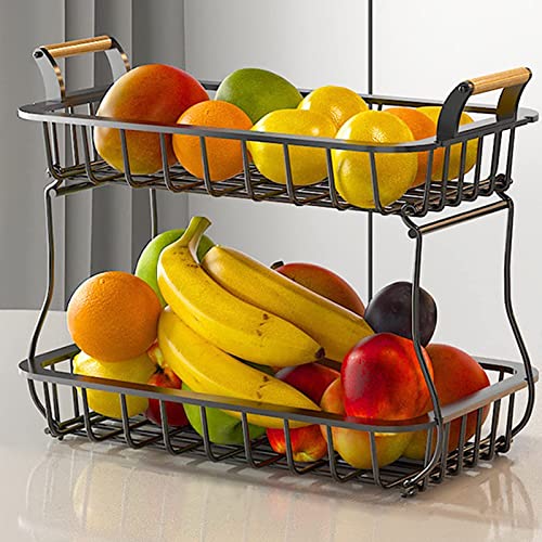 2 Tier Fruit Storage Basket Countertop for Kitchen, Bread Vegetable Farmhouse Fruit Basket Bowl Stand Detachable Metal Wire Basket with Wooden Handle for Kitchen, Reception, Dining Table(Black)