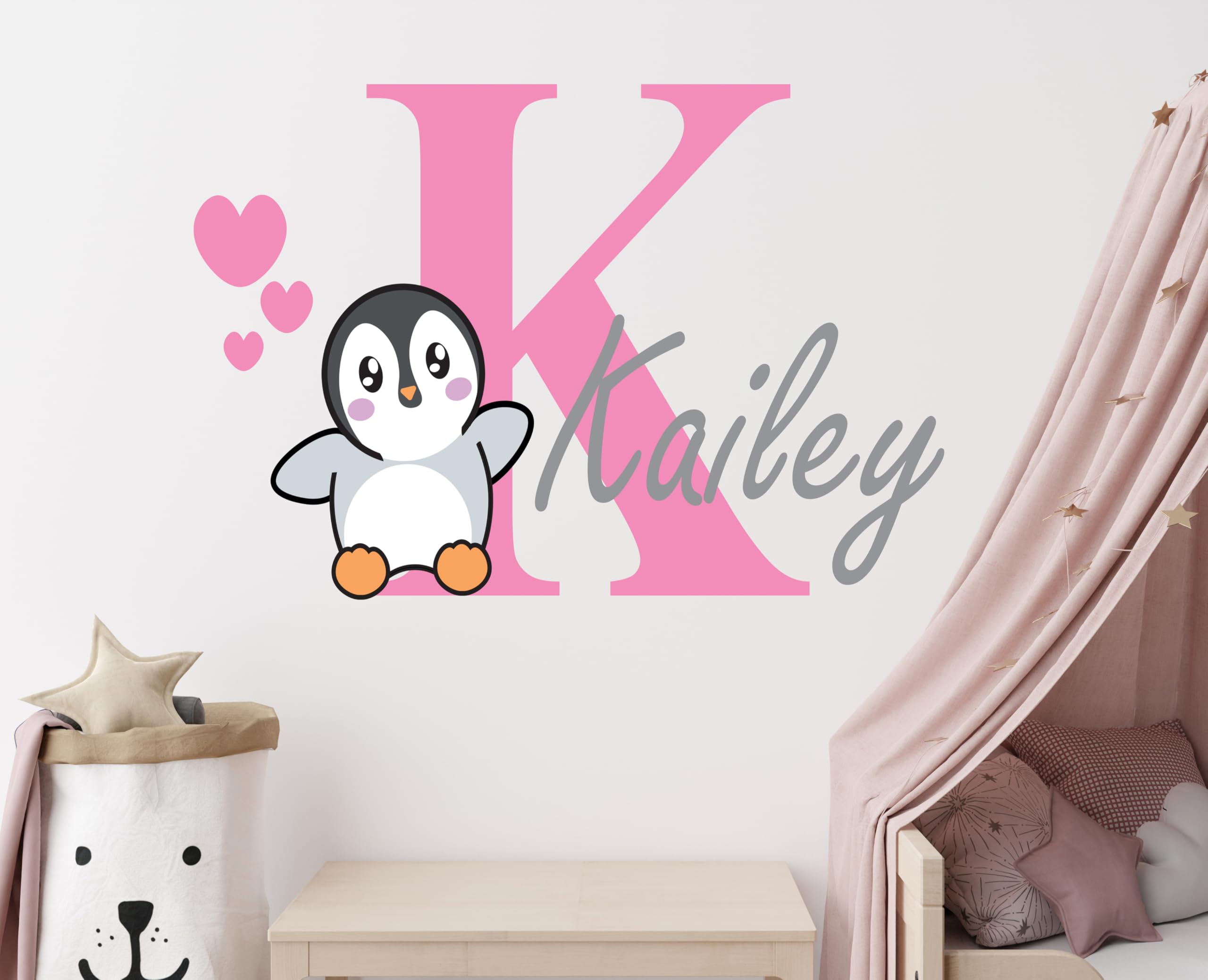 CuteDecals Love Penguin Custom Name - Personalize Penguin Name Wall Art - Unisex Wall Decal for Nursery Playroom Bedroom Decoration (Wide 22x13 Height)