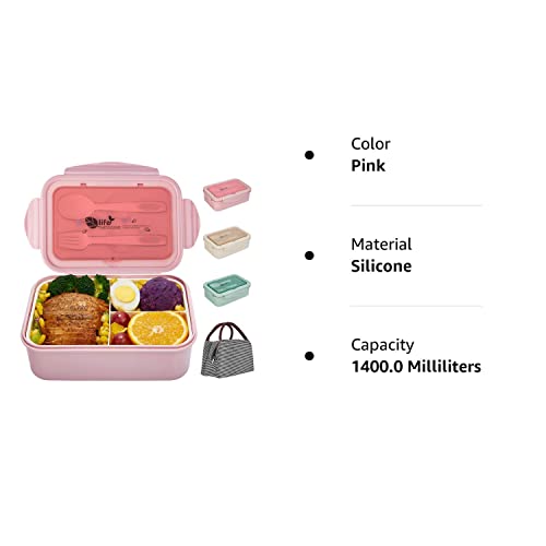 Porzu Bento Lunch Box, 1400 ML Lunch Box Meal PrepFor Kids & Adults,3 Compartments Portable Food Container with Utensil (Pink)