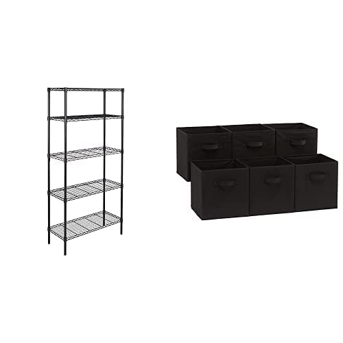 Amazon Basics 5-Shelf Storage Unit with Height Adjustable Shelves and Foldable Storage Cubes (6 Pack), Black
