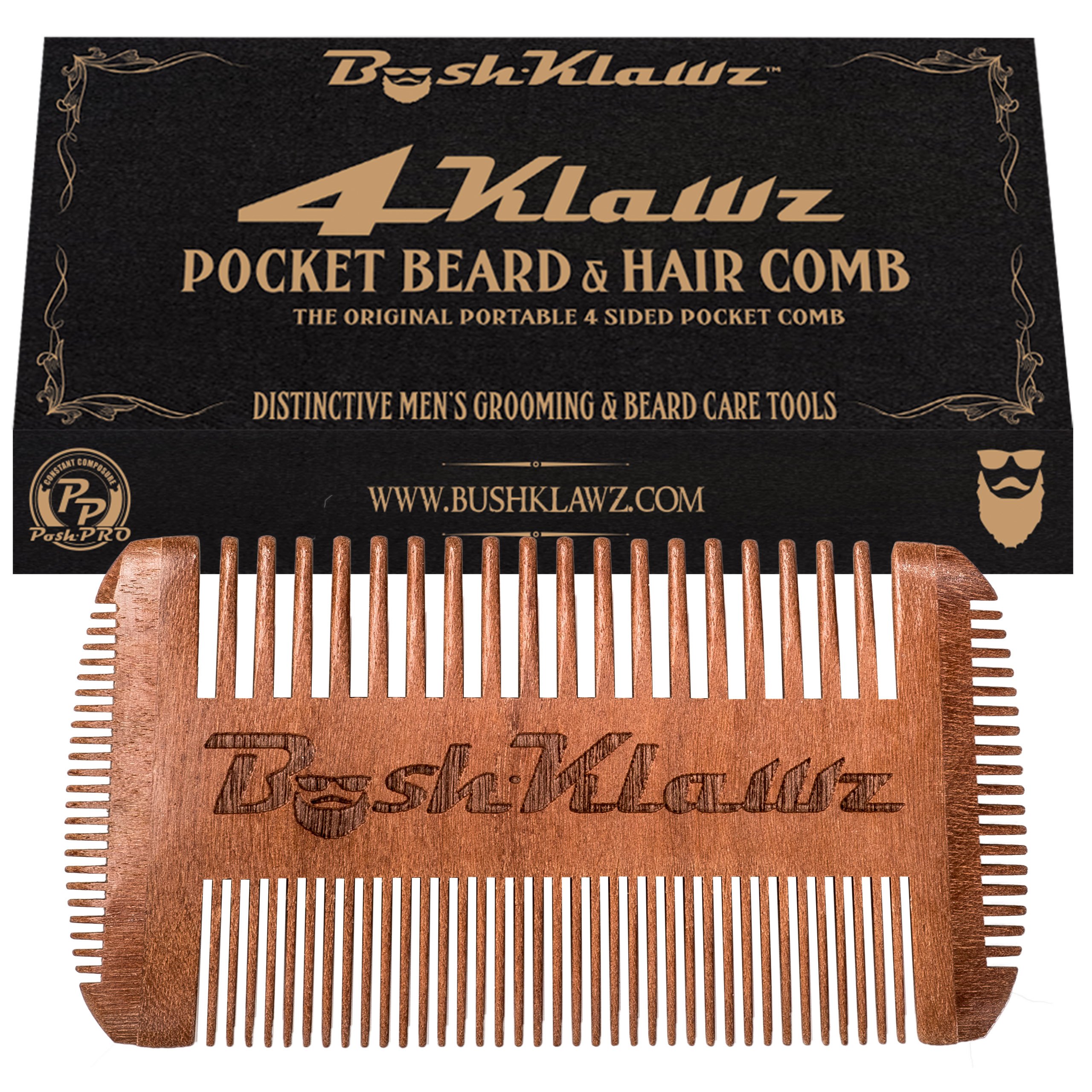 4Klawz Beard Comb - Pocket Comb for Men's Hair Beard Mustache and Sideburns with 4 Sides of Wide & Fine Teeth - Best Bearded Man Grooming Gift Special