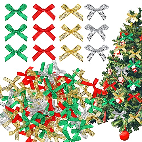200 Pieces Christmas Tiny Bows Mini Christmas Bows Satin Ribbon Bows Mini Craft Ribbon Wreaths Bows for Sewing DIY Craft Wedding Decoration (Red, Green, Silver)