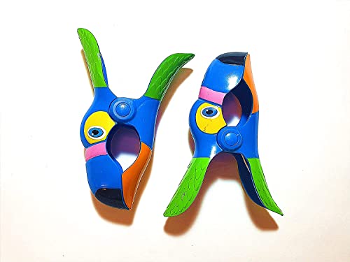 2 Set (4 Ct) Blue Toucan/Blue Flip Flops Beach Towel Clips Jumbo Size for Beach Chair, Cruise Beach Patio, Pool Accessories for Chairs, Household Clip, Baby Stroller