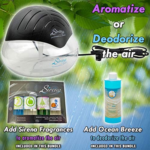 Sirena Twister Premium Pack (Black) Including Ocean Breeze Deodorizer and Fragrance Oils- Water Filter Air Freshener For Home and Office - Essential Oil Aroma Diffuser With LED Night light